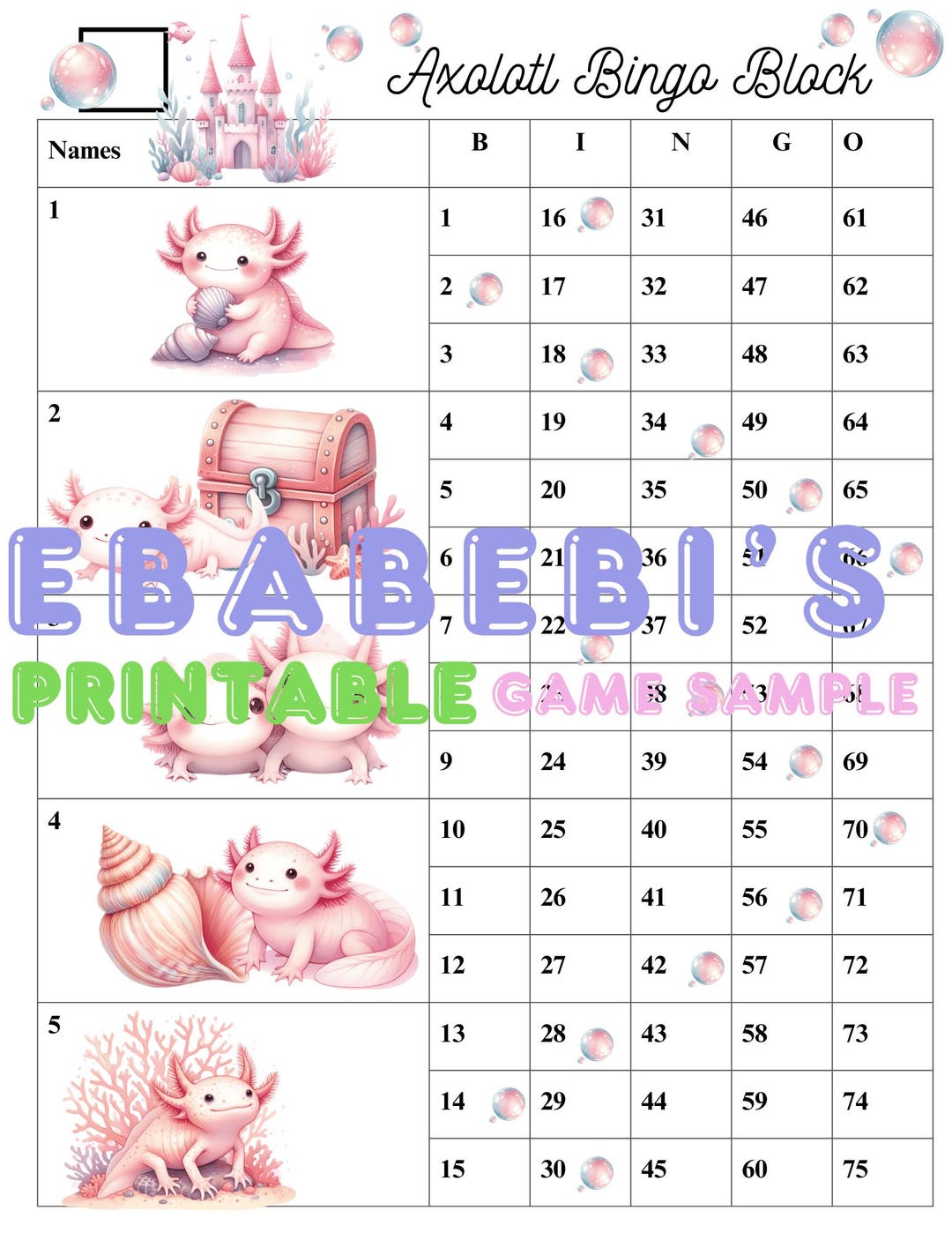 Bingo Boards -instant Download -15 Lines Axolotl Pink Sea Animals ...
