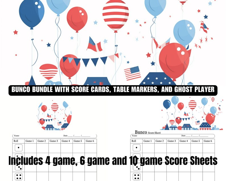 Patriotic Picnic Bunco Set Printable Score Sheets Balloon Tally Cards ...