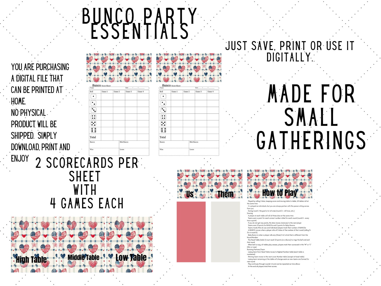 Fourth of July Themed Bunko USA Flag America Red White Blue Bunco Party ...