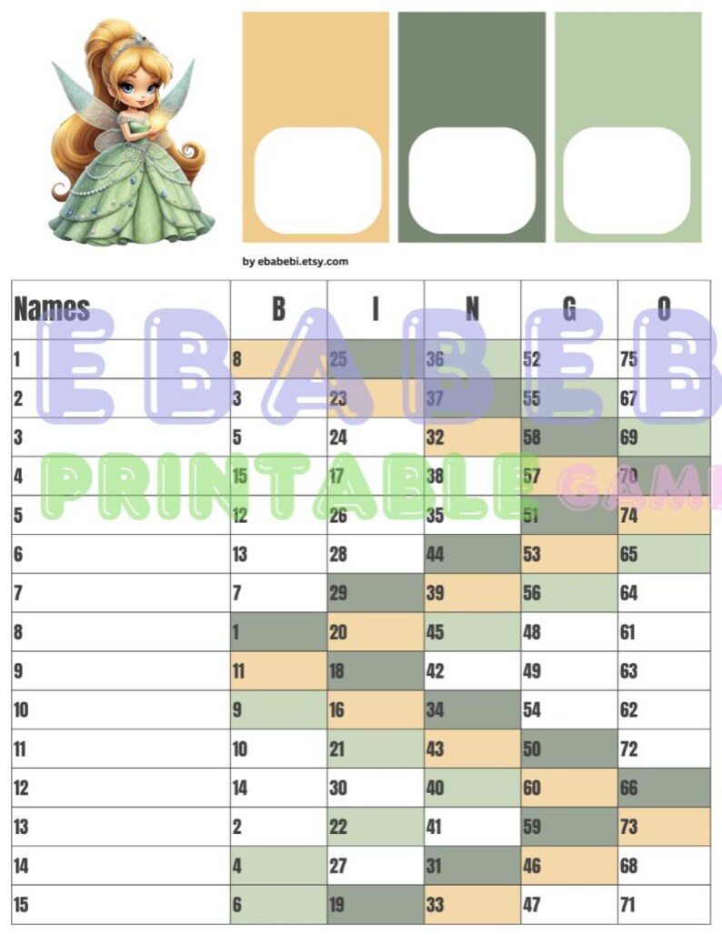Tinkerbell Disney Bingo Board Printable Straight Mixed 75 Ball 15 ...