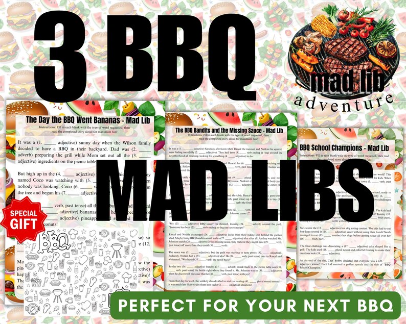 BBQ Mad Libs Bundle - 3 Hilarious Stories + FREE Coloring Page | Kids ...
