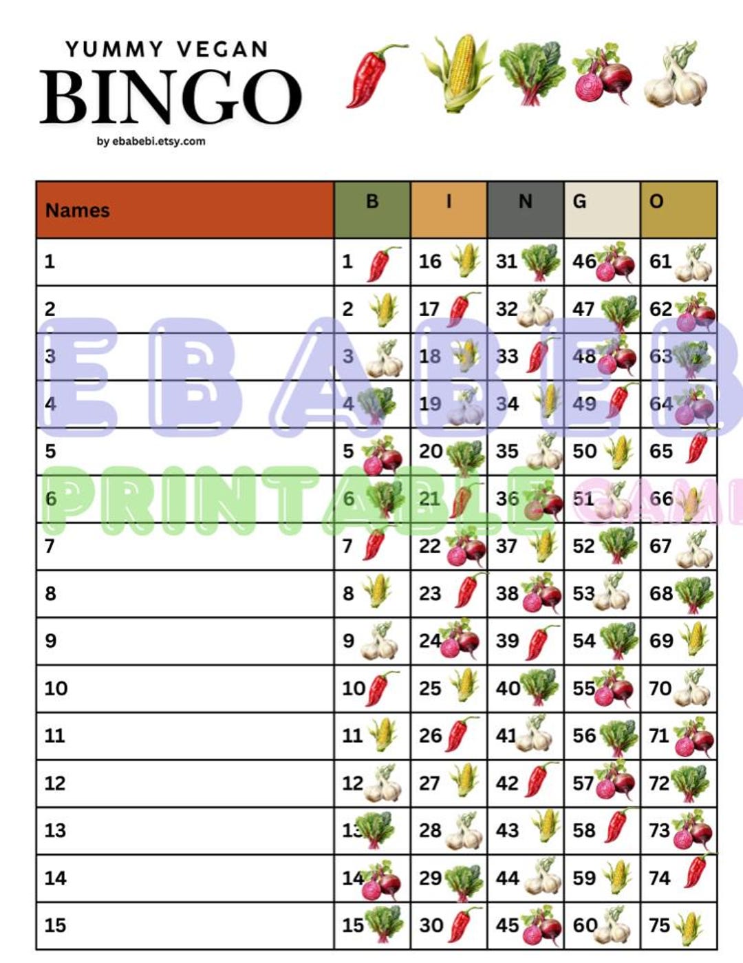 Set of 4 Food Vegetable Vegan Diet Salad Eating Themed Bingo Boards ...