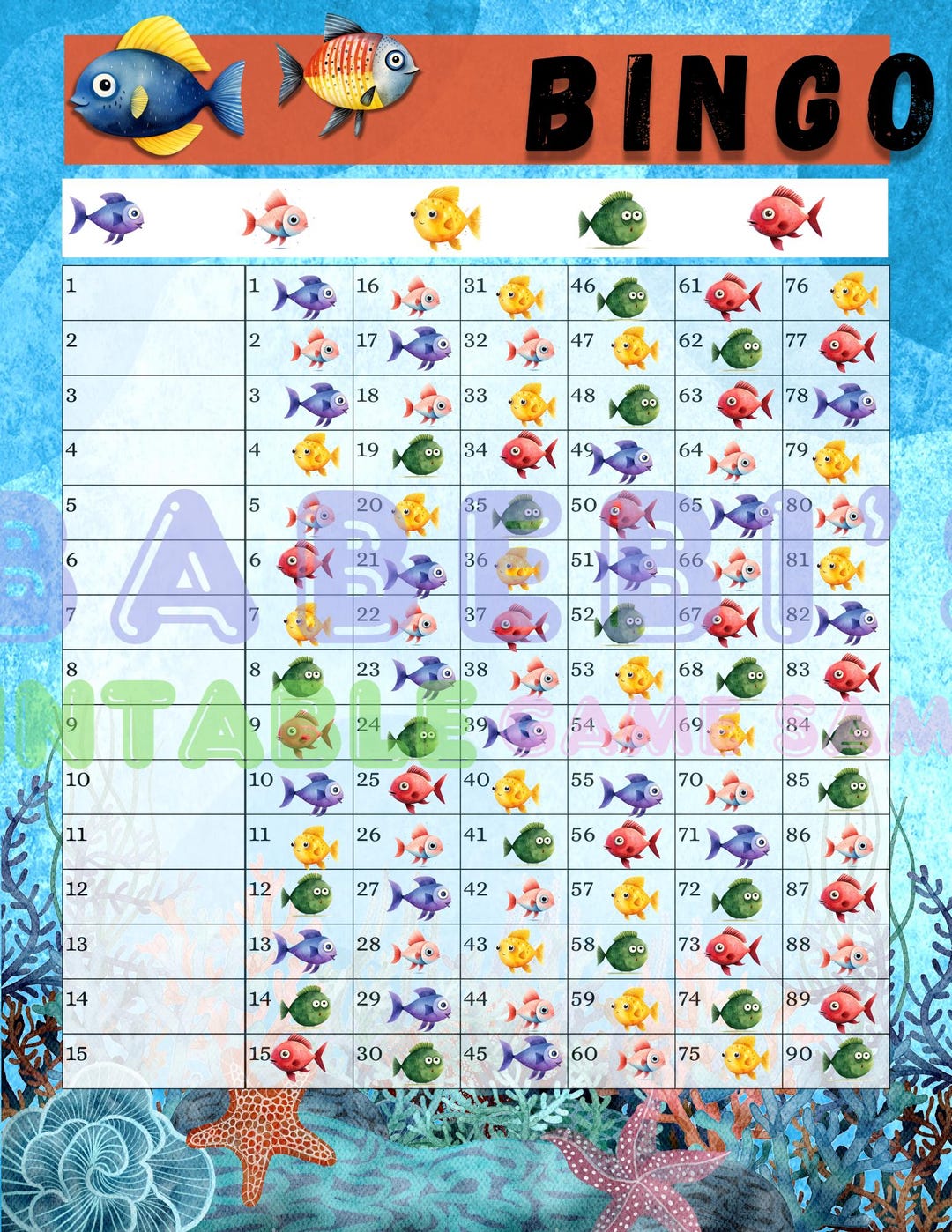 Bingo Boards - Instant Download -15 Lines -fish Water Swimming Coral ...