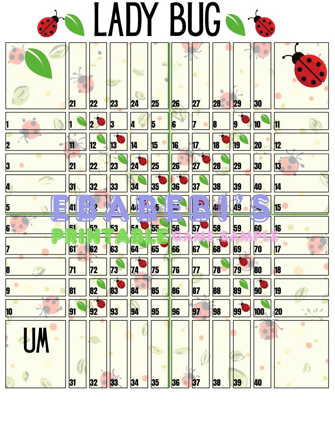 40 Players Printable Bingo Boards - Lady Bug Spring Instant Download ...