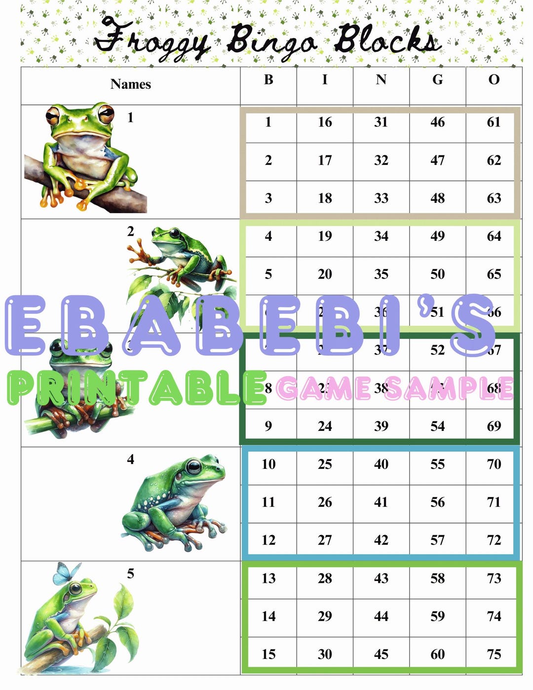 Bingo Blocks -instant Download -15 Lines Bingo Happy Cartoon Toads ...