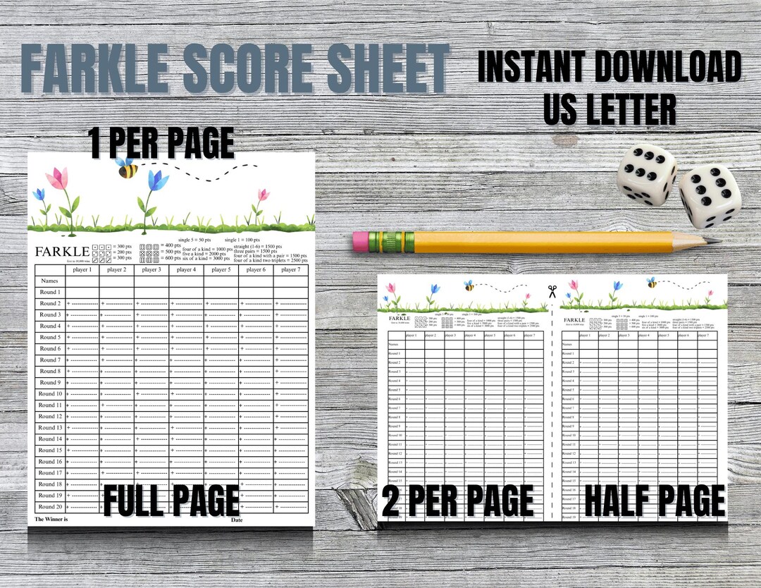 Farkle Score Sheet Printable – Cute Dice Game Scorecard for Family Game ...