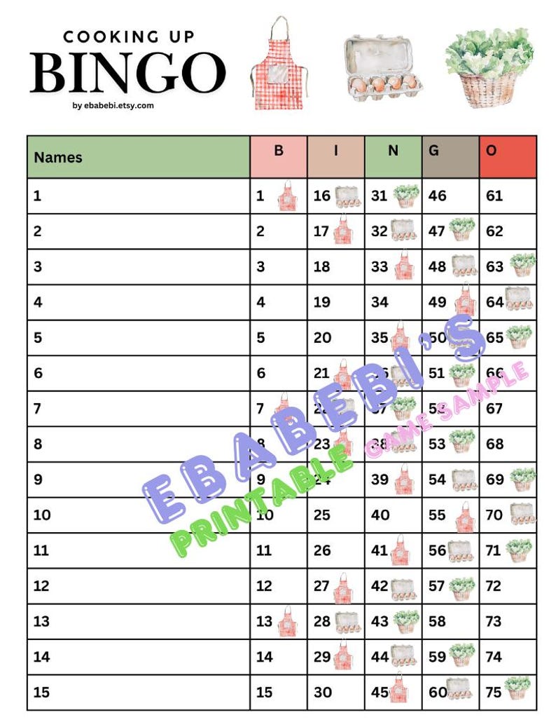 Bingo Boards - Instant Download -15 Lines -cooking Printable Bingo ...