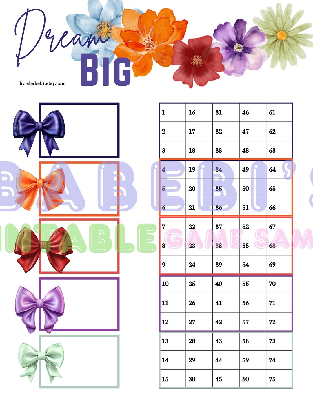 Bingo Boards -instant Download -15 Lines Dream Big Bows Flowers Spring ...