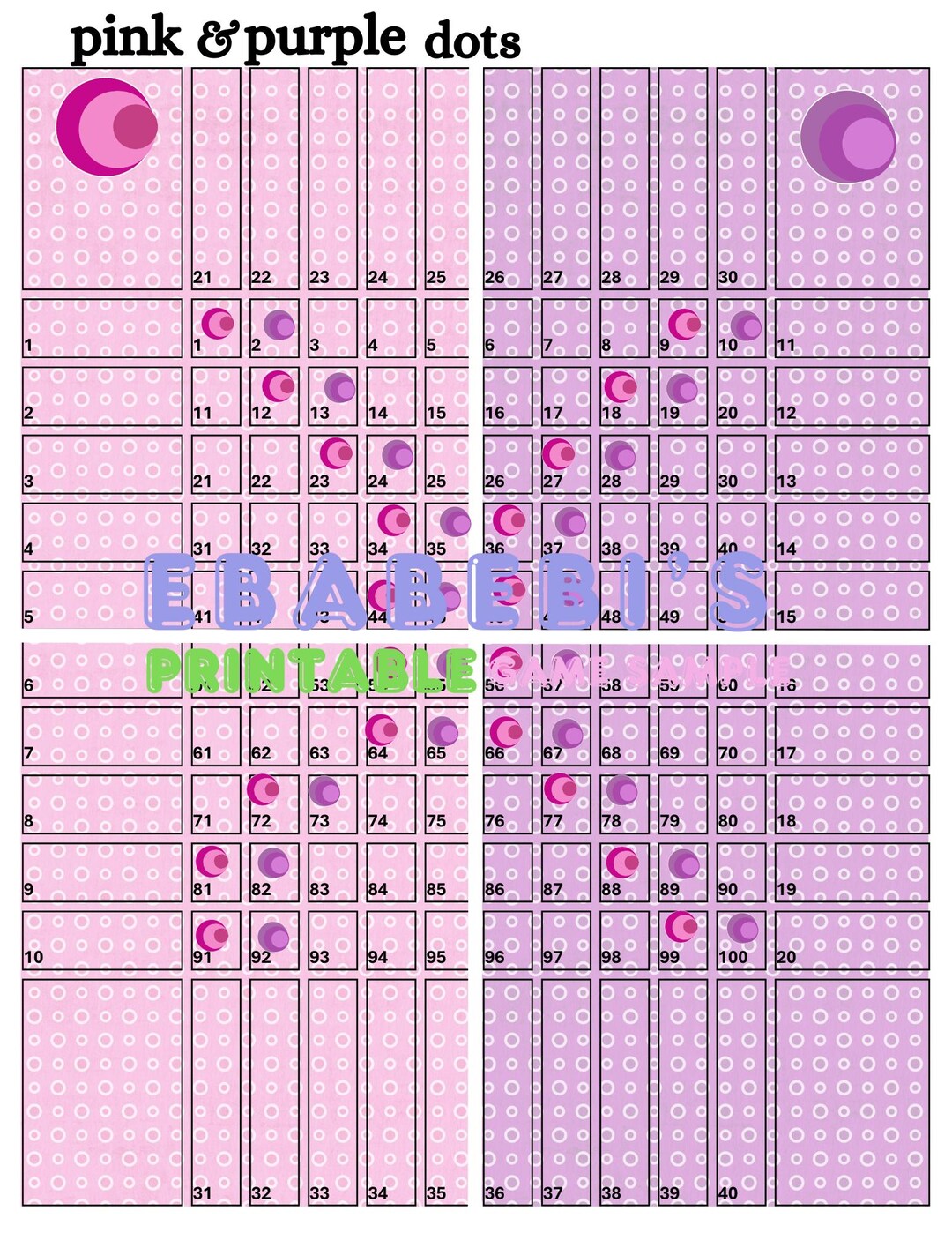 Pink Purple Dots 40 Players Printable Bingo Boards - Straight Mixed 100 ...