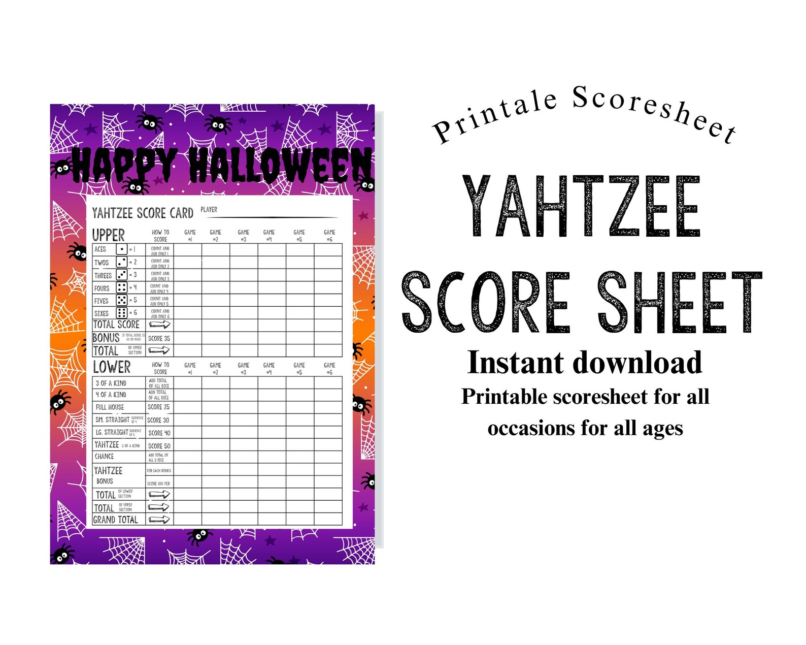Halloween Yahtzee Score Card Sheet Spider Dice Game Printable – Spooky ...