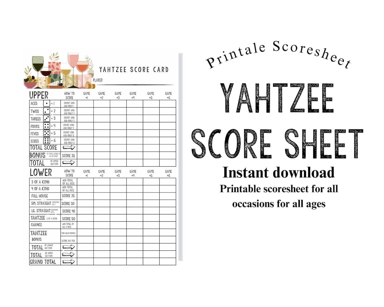 Yahtzee Score Card Sheet Wine Dice Game Score Sheet Printable – Neutral ...