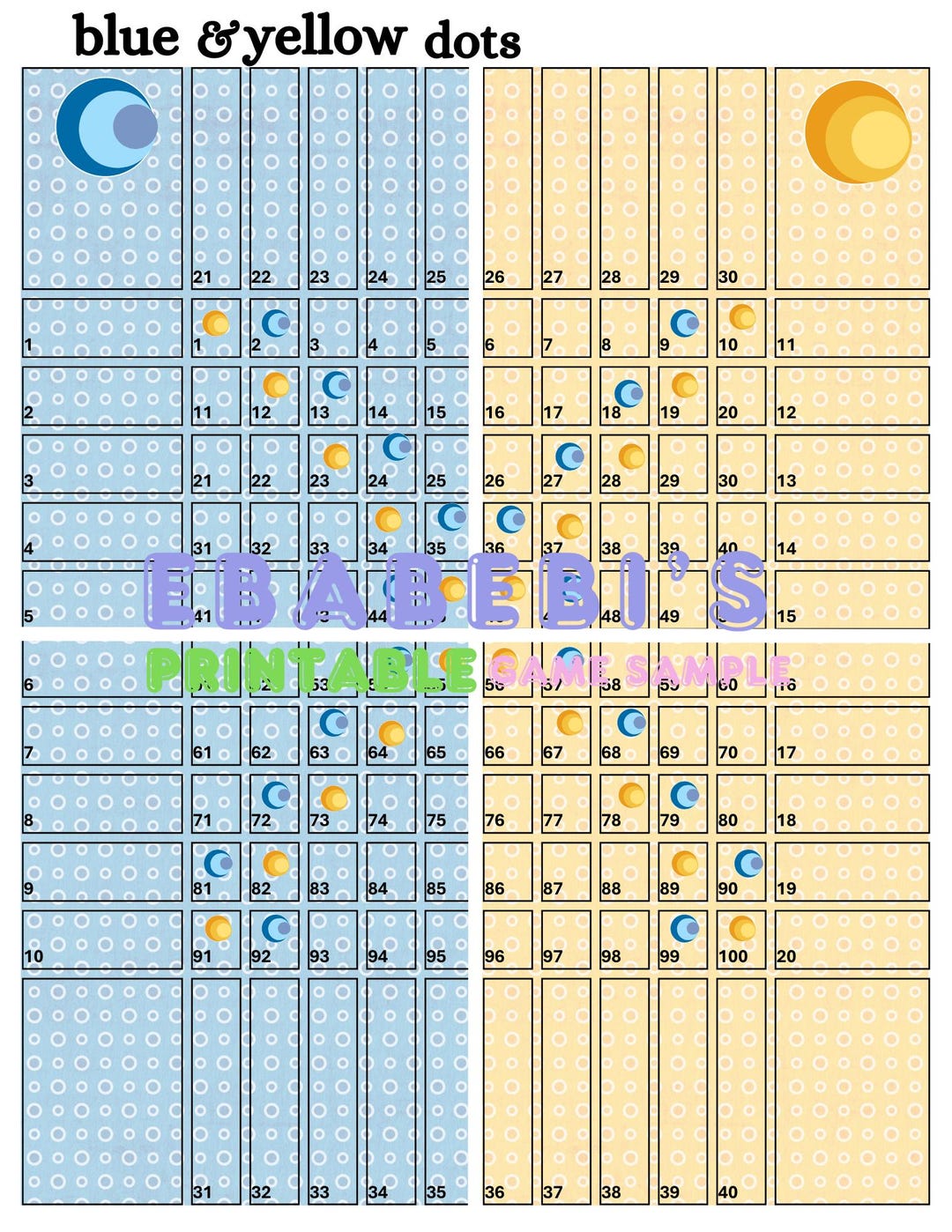 Yellow Blue Dots 40 Players Printable Bingo Boards - Straight Mixed 100 ...