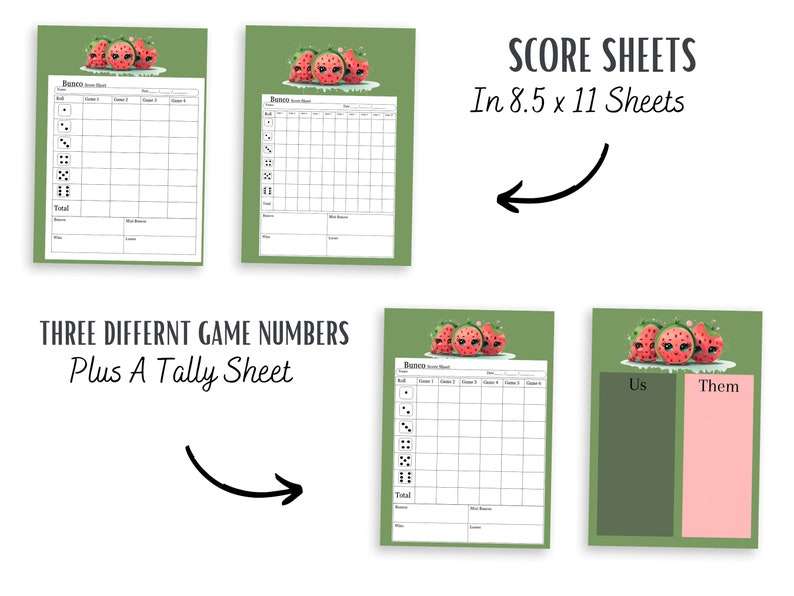 Watermelon Kawaii Inspired Bunco Set Printable Score Sheets and Tally ...