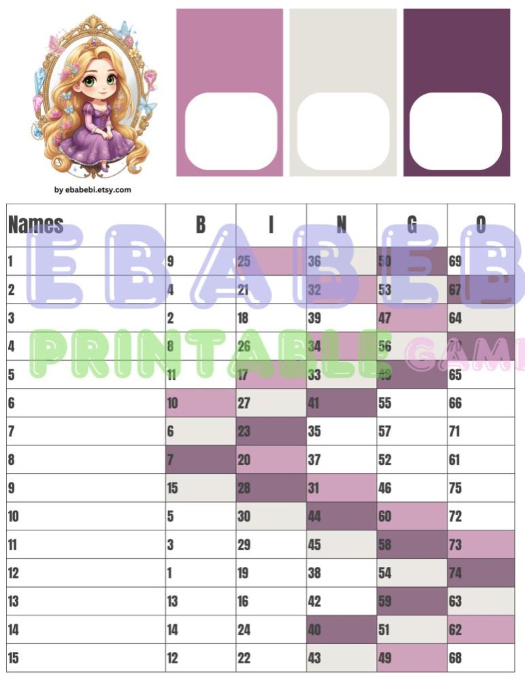 Rapunzel Tangled Disney Bingo Board Printable Straight Mixed 75 Ball 15 ...
