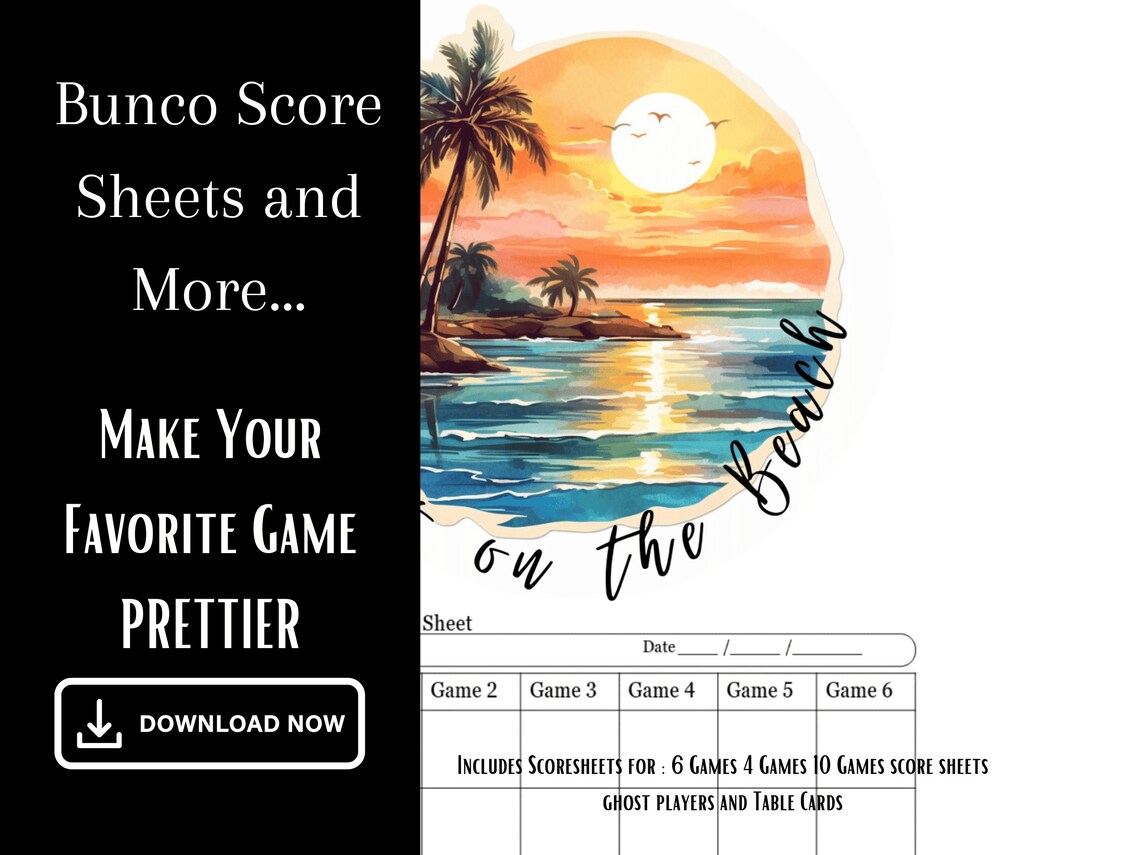 Beach Summer Travel Ocean Sea Life Palm Trees Printable Bunco Score ...