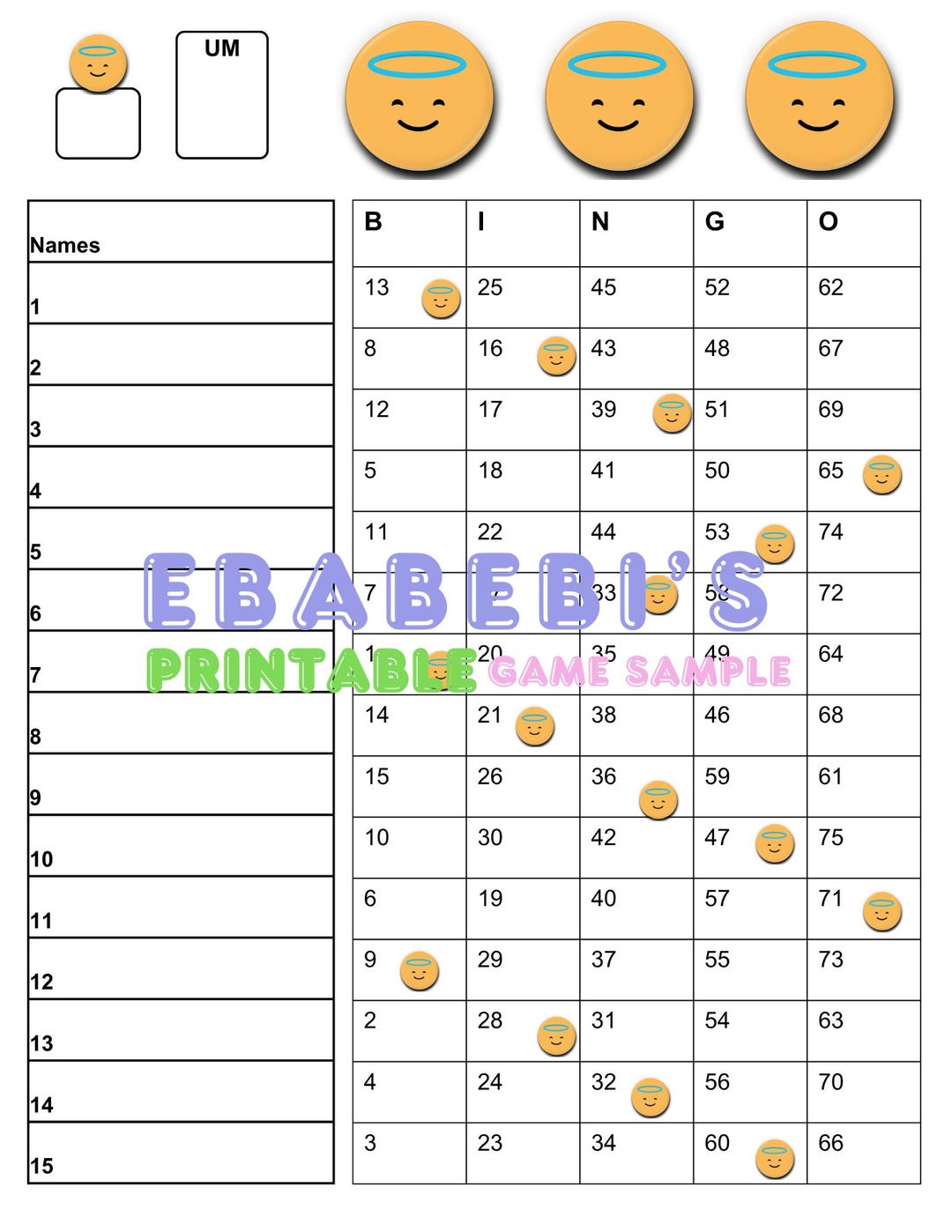 Mixed 75 Ball Bingo Board 1-15 Lines Emoji Fun Yellow Face Smile ...