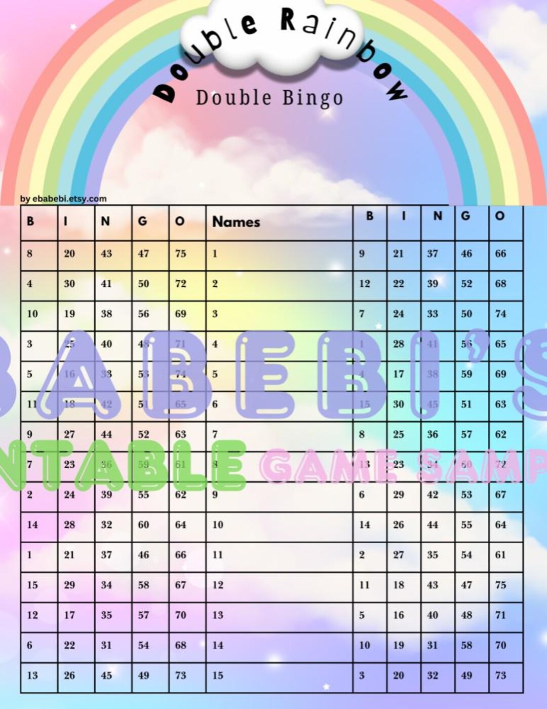 Sparkle Rainbow Clouds Double Page BINGO, 75 Balls, 15 Lines. Board, 1 ...
