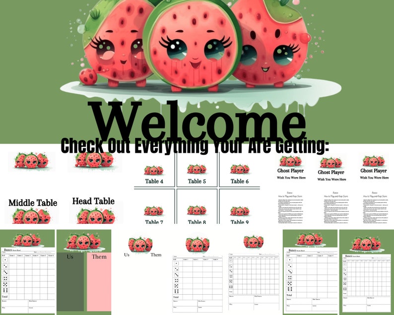Watermelon Kawaii Inspired Bunco Set Printable Score Sheets and Tally ...