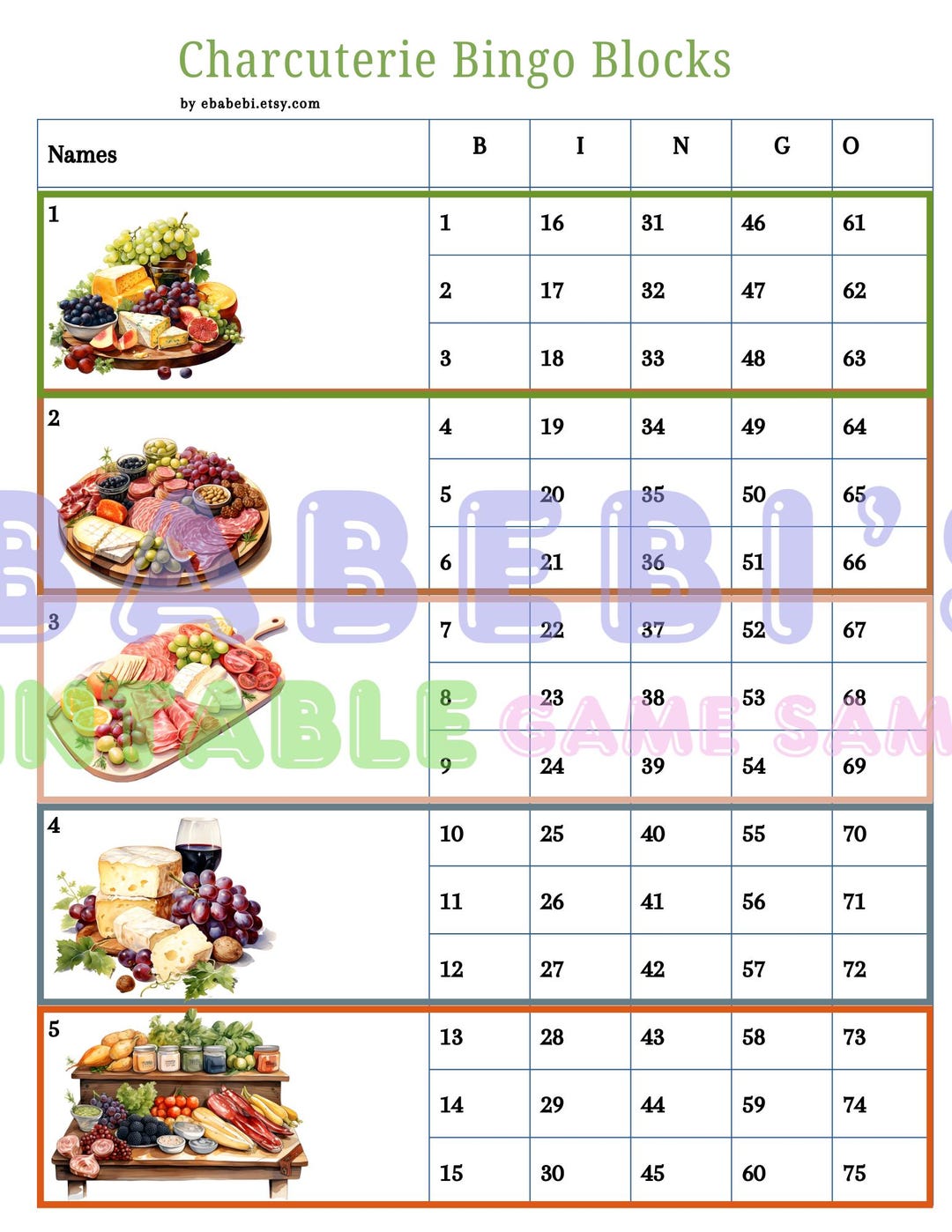 Bingo Boards -instant Download -15 Lines Food Charcuterie Snacks Cheese ...