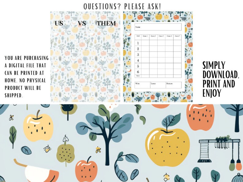 Apple Bunco Score Cards With 5 Games Tally Sheet Us Them Vintage Colors ...