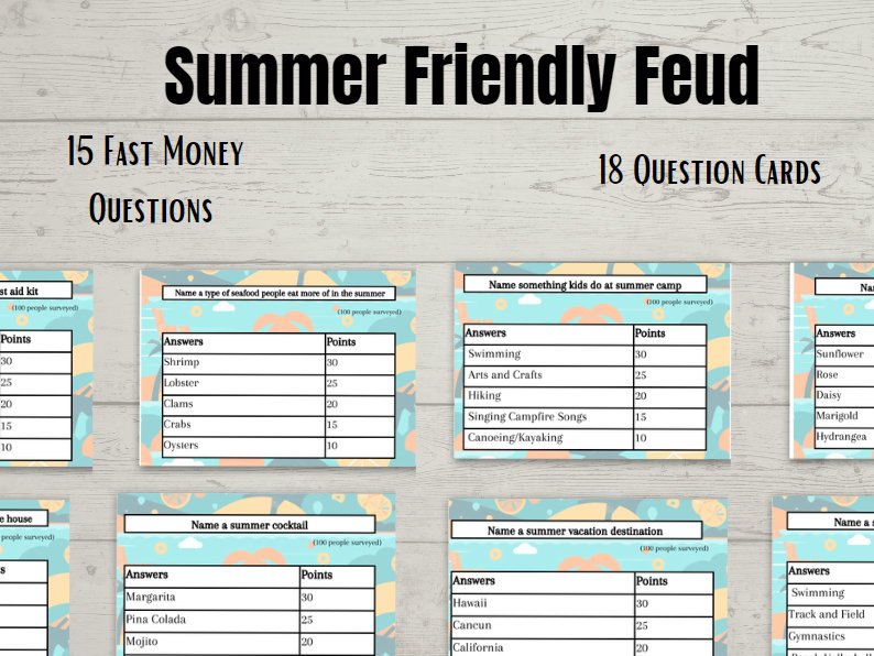 Printable Summer Themed Feud Style Trivia Game for Ultimate Game Night ...
