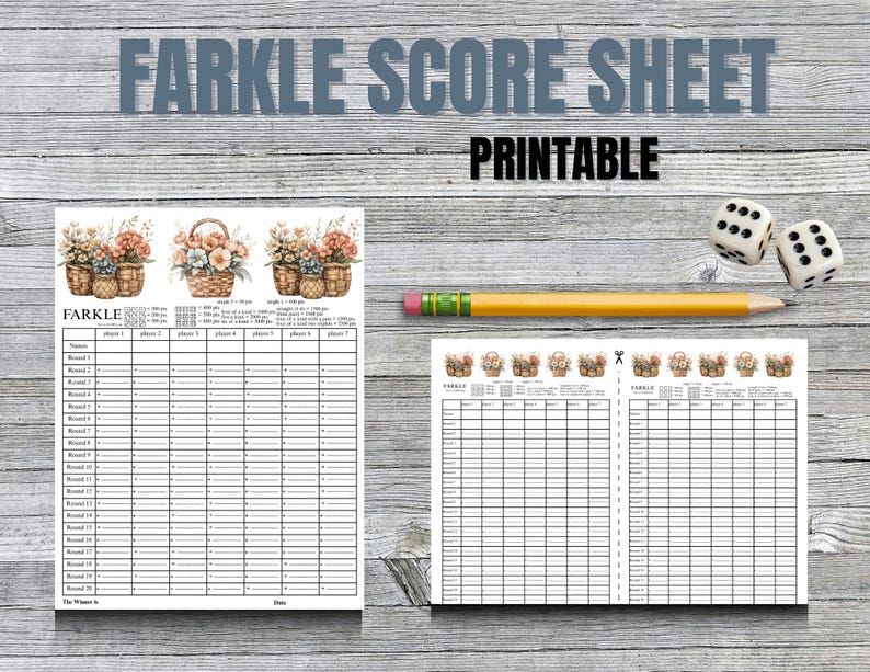 Farkle Score Sheet Printable – Cute Dice Game Scorecard for Family Game ...