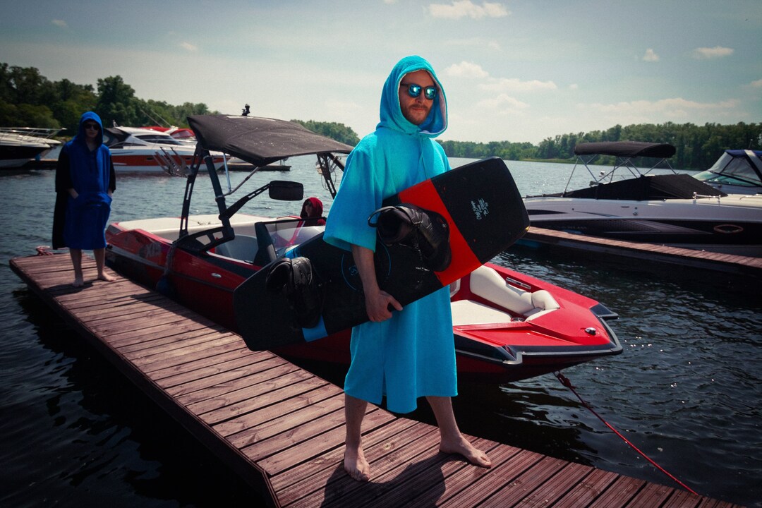 Sky Blue Cotton Terry Surf Poncho, Beach Cover Up, Embroidered Surf ...