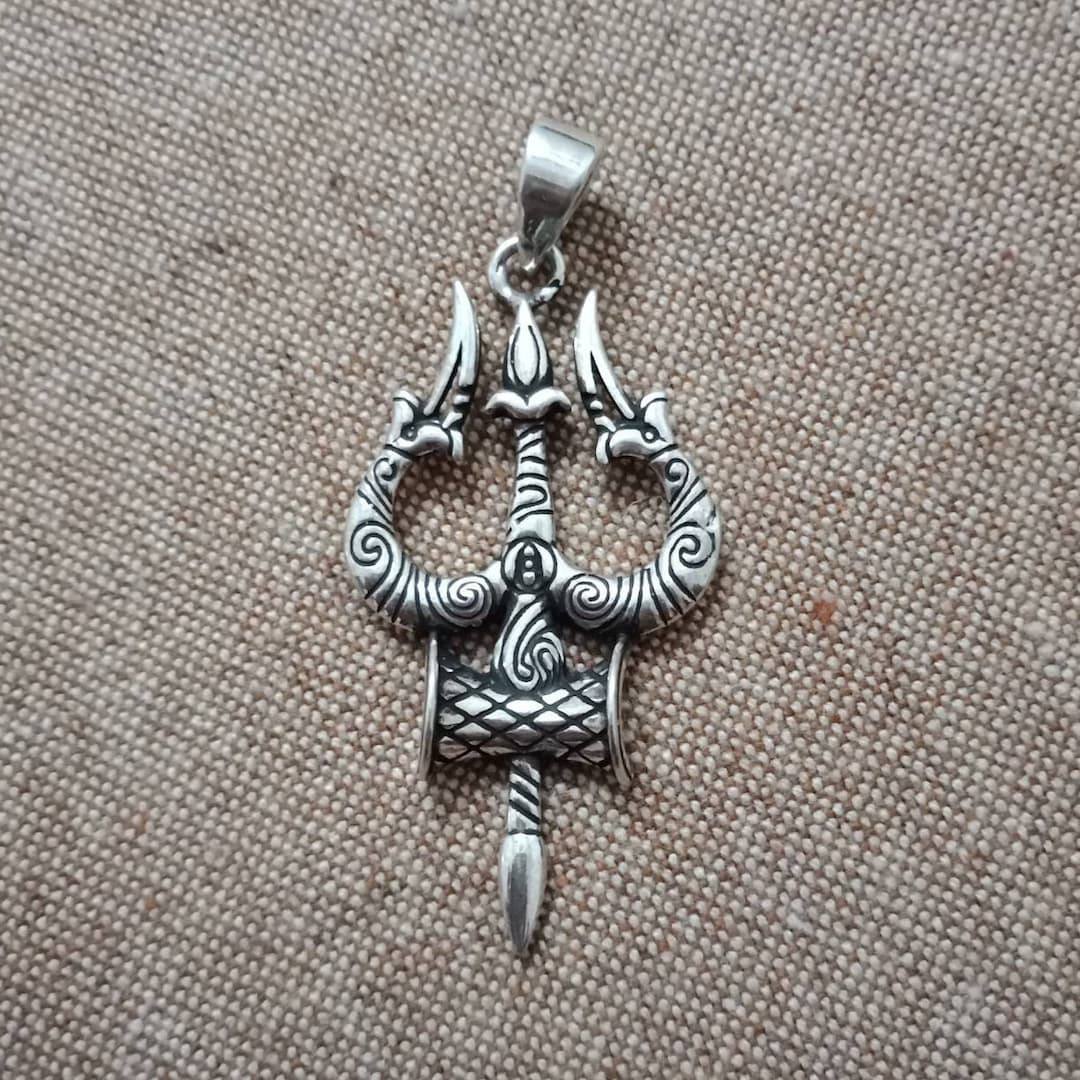 Trident Pendant, Damru Pendant, Trishula Pendant, Sterling Silver, 925 ...