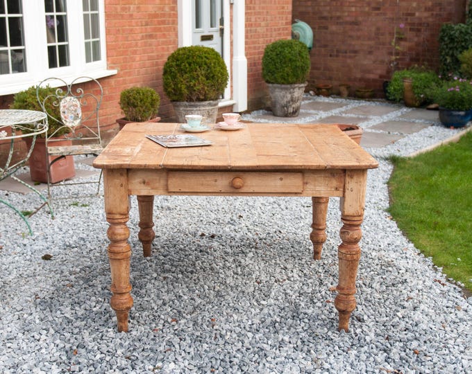 Antique Pine Plank Top Farmhouse Table With Cutlery Drawer and Turned Legs, Large Rustic Square ...