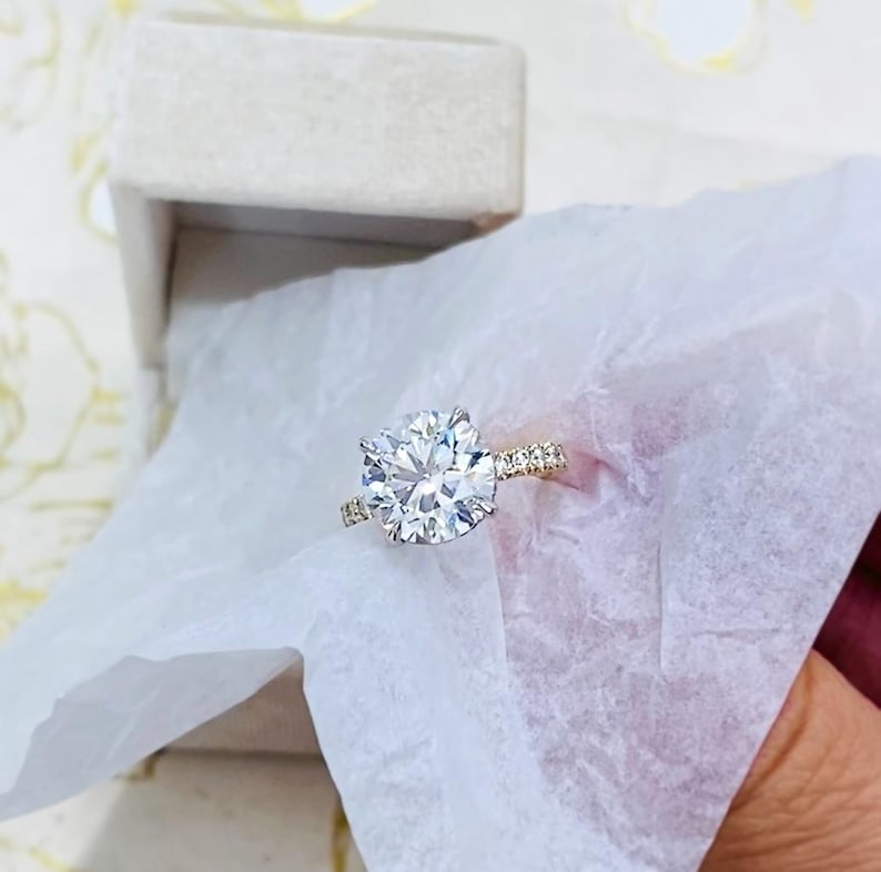 4 Carat Lab Grown Diamond Solitaire Ring: Two Tone Gold Hidden Halo - Etsy