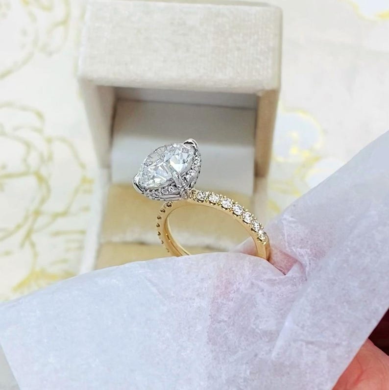 4 Carat Lab Grown Diamond Solitaire Ring: Two Tone Gold Hidden Halo - Etsy