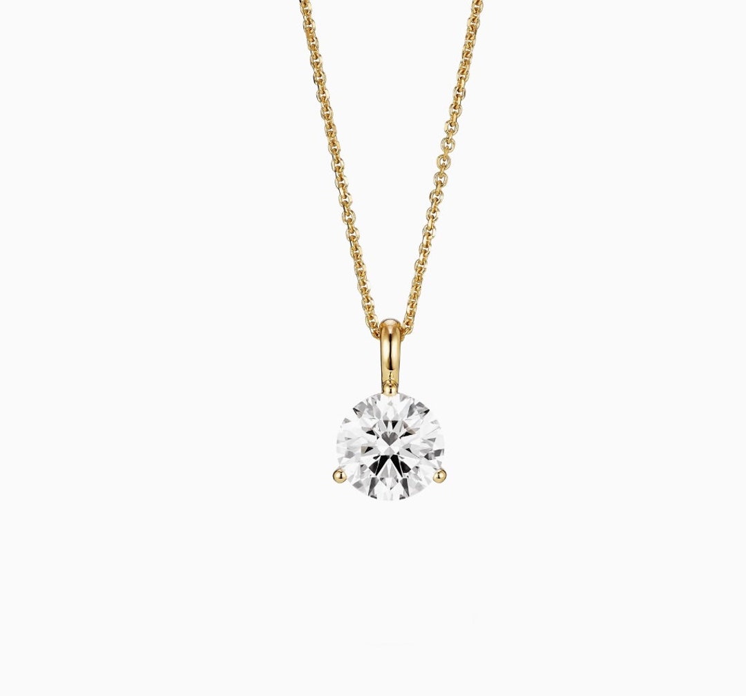 Diamond 3 Prong Pendant With Gold Necklace Lab Grown Round Diamond - Etsy