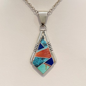 Signed Navajo Inlay Pendant With Turquoise, Lapis and Coral in Sterling ...