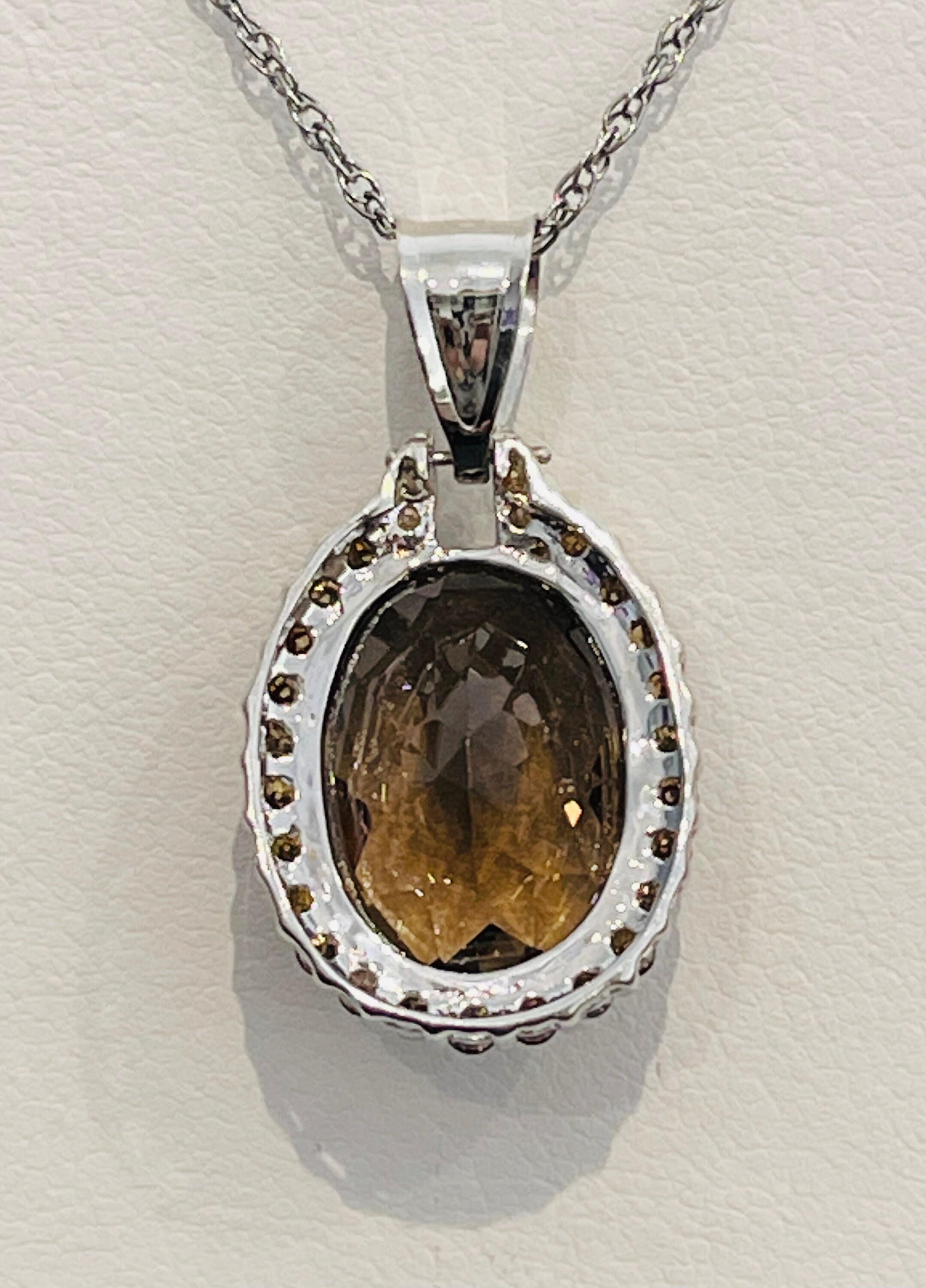 Smokey Quartz With White and Cognac Diamonds in 14K White Gold Necklace ...