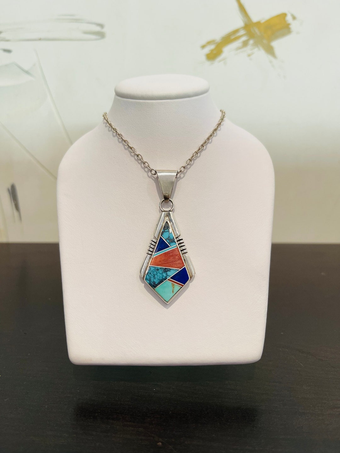 Signed Navajo Inlay Pendant With Turquoise, Lapis and Coral in Sterling ...