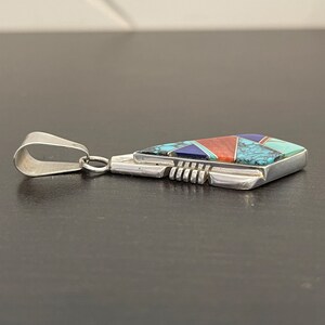 Signed Navajo Inlay Pendant With Turquoise, Lapis and Coral in Sterling ...