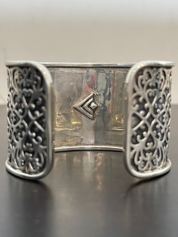 Wide Intricate Sterling Silver Oxidized Cuff Bracelet - Gem