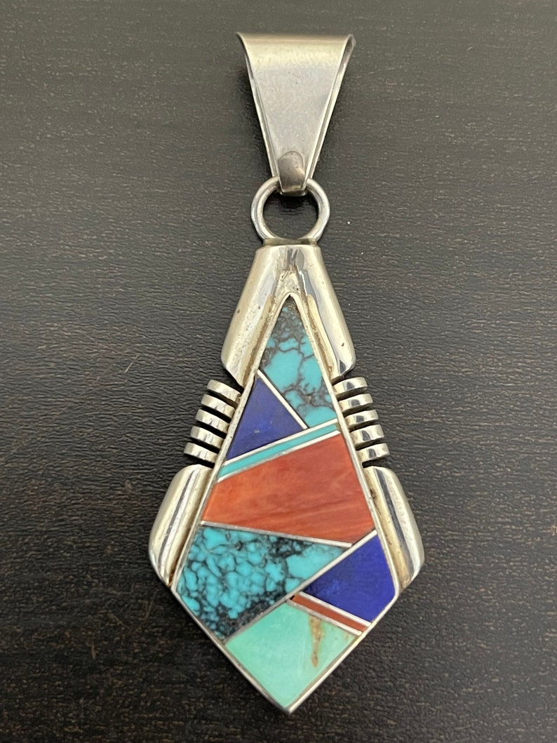 Signed Navajo Inlay Pendant With Turquoise Lapis and Coral in - Etsy
