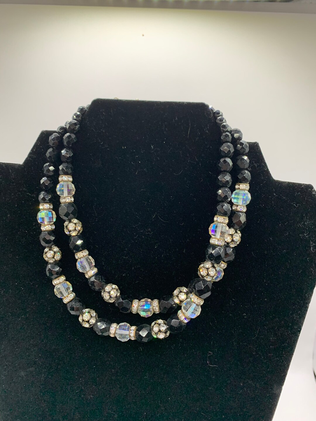 Vendome Signed Vintage 2 Strand Black and Clear Glass Neclace - Etsy