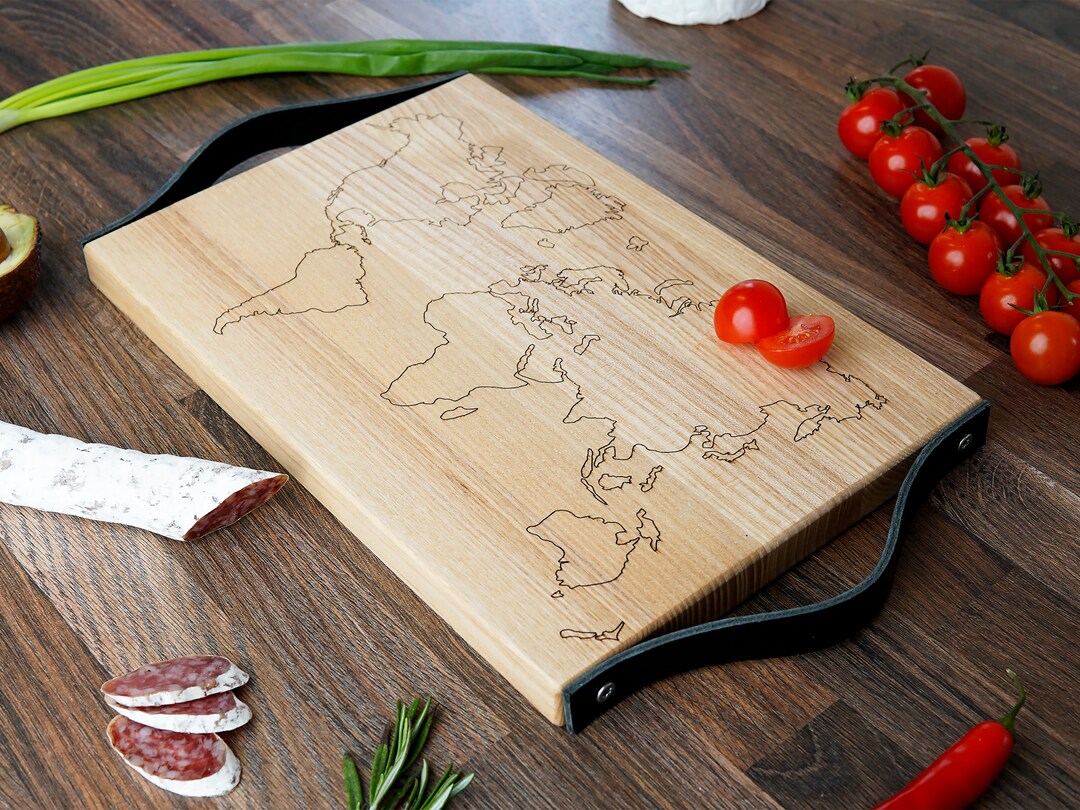 Natural Wood Cutting Board With Leather Handles, World Map Engraved ...