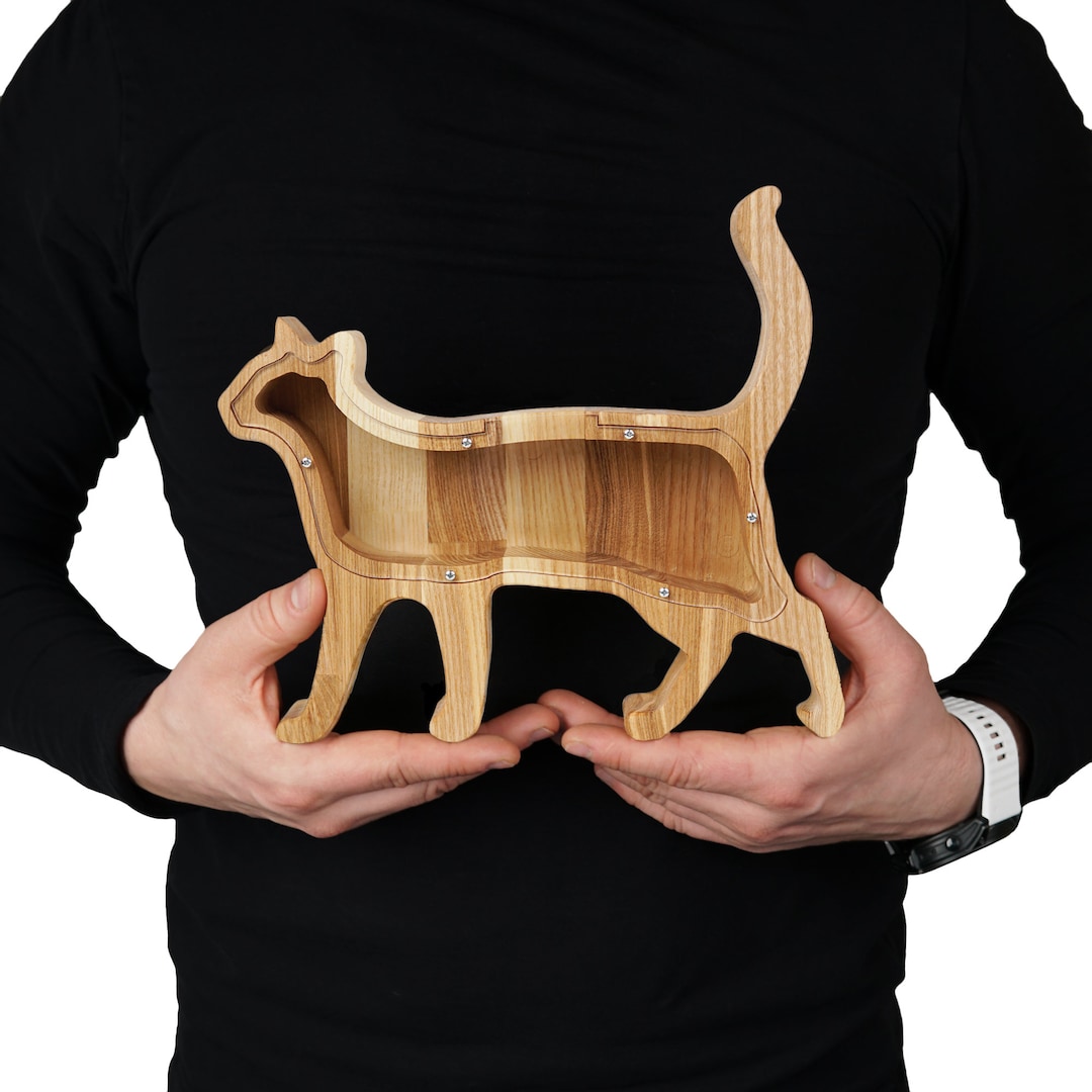 Cat Shaped Wooden Money Box for Kitty Lovers, Personalized Animal Piggy ...