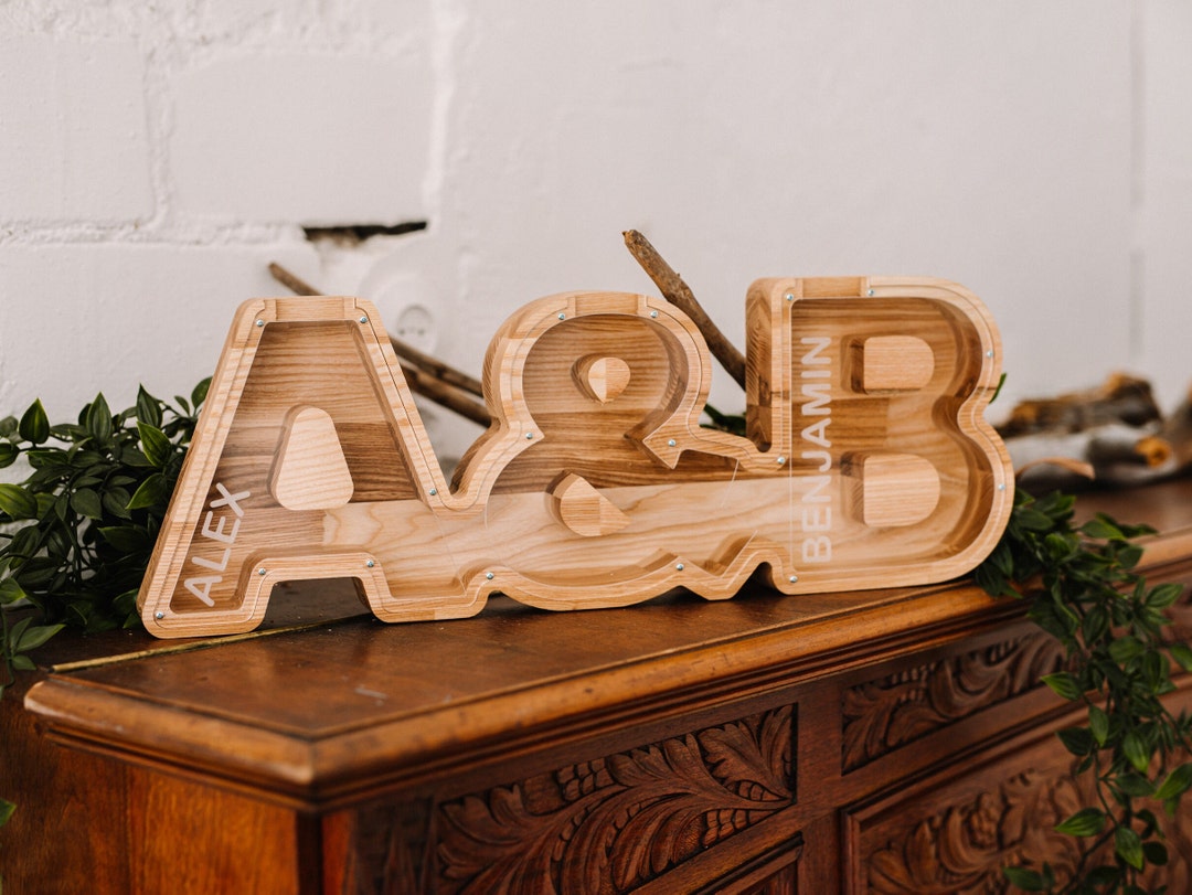 Custom Letters Double Piggy Bank, Wedding Gift, Wood Letter Money Bank ...