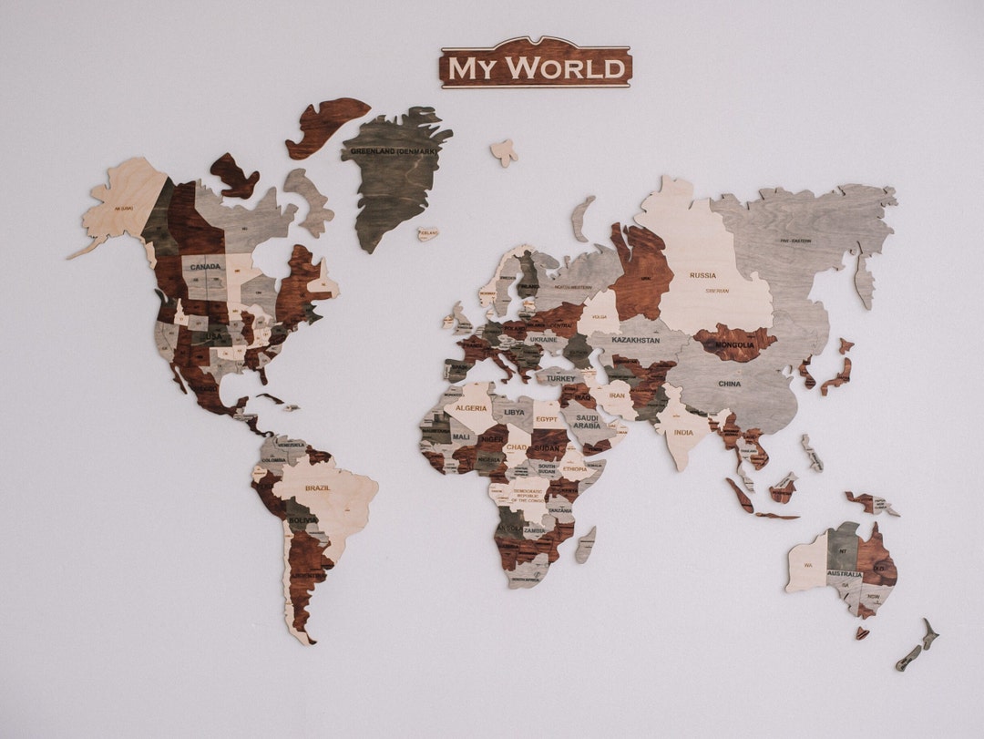 Unique Wooden World Map, Multicolored Map, Detailed Map of the World ...