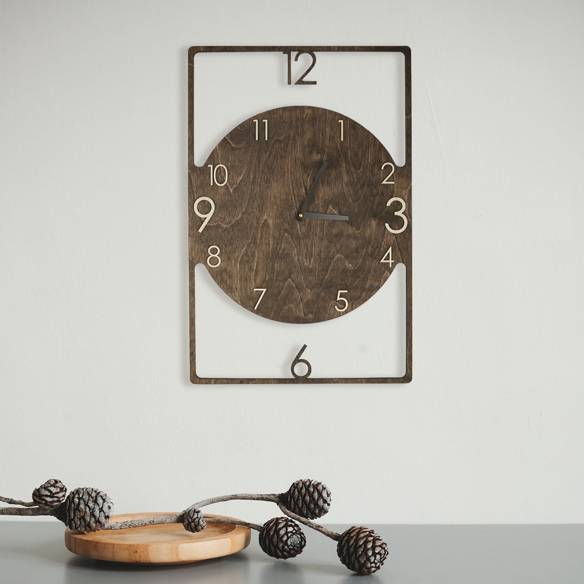 Big Natural Dark Wood Wall Clock, Thin Wooden Clock Real Wood, Natural ...