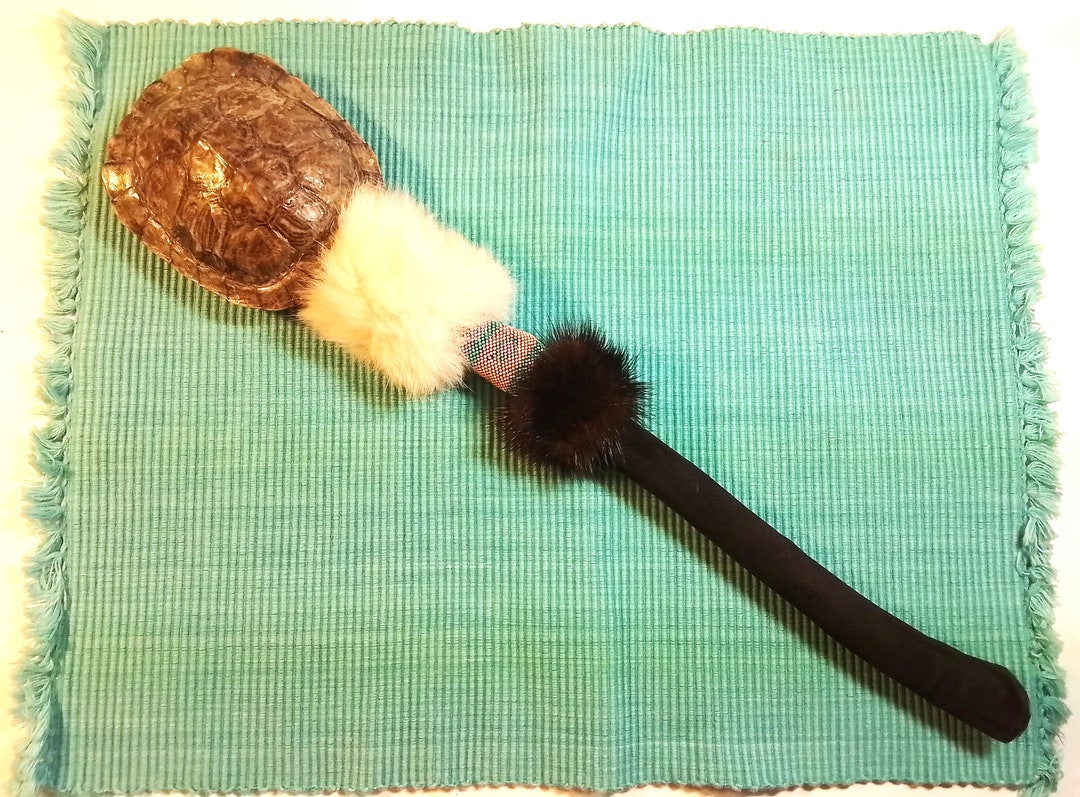 Native American Turtle Shell Rattle With Bead Work, Fur, Leather Trim ...