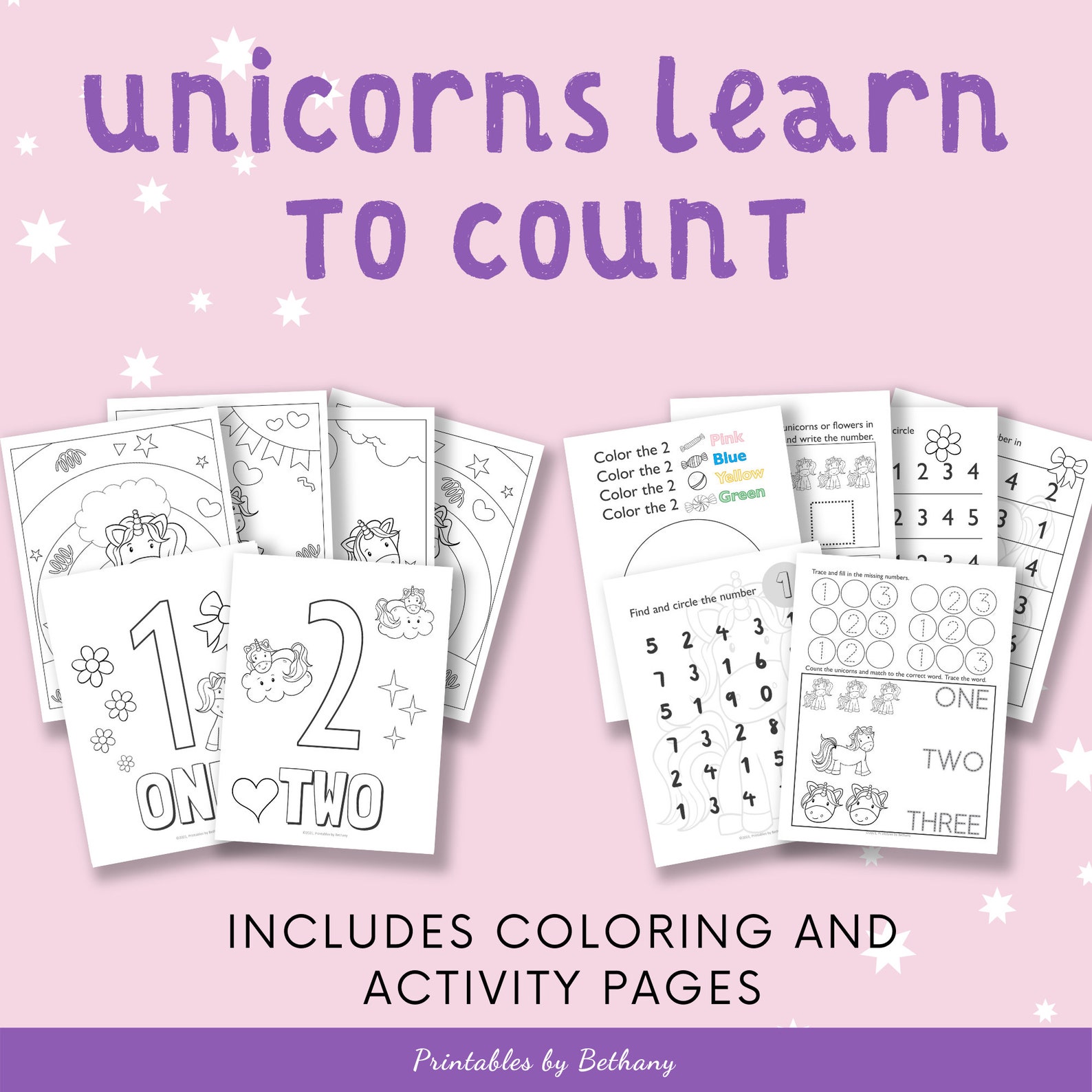 Unicorns Learn to Count Printable Coloring & Activity Pages | Also ...