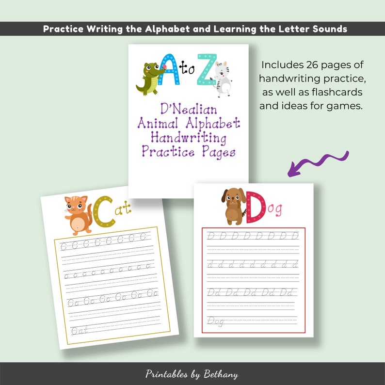 A to Z Animal D'nealian Handwriting Practice Pages and Flashcards - Etsy