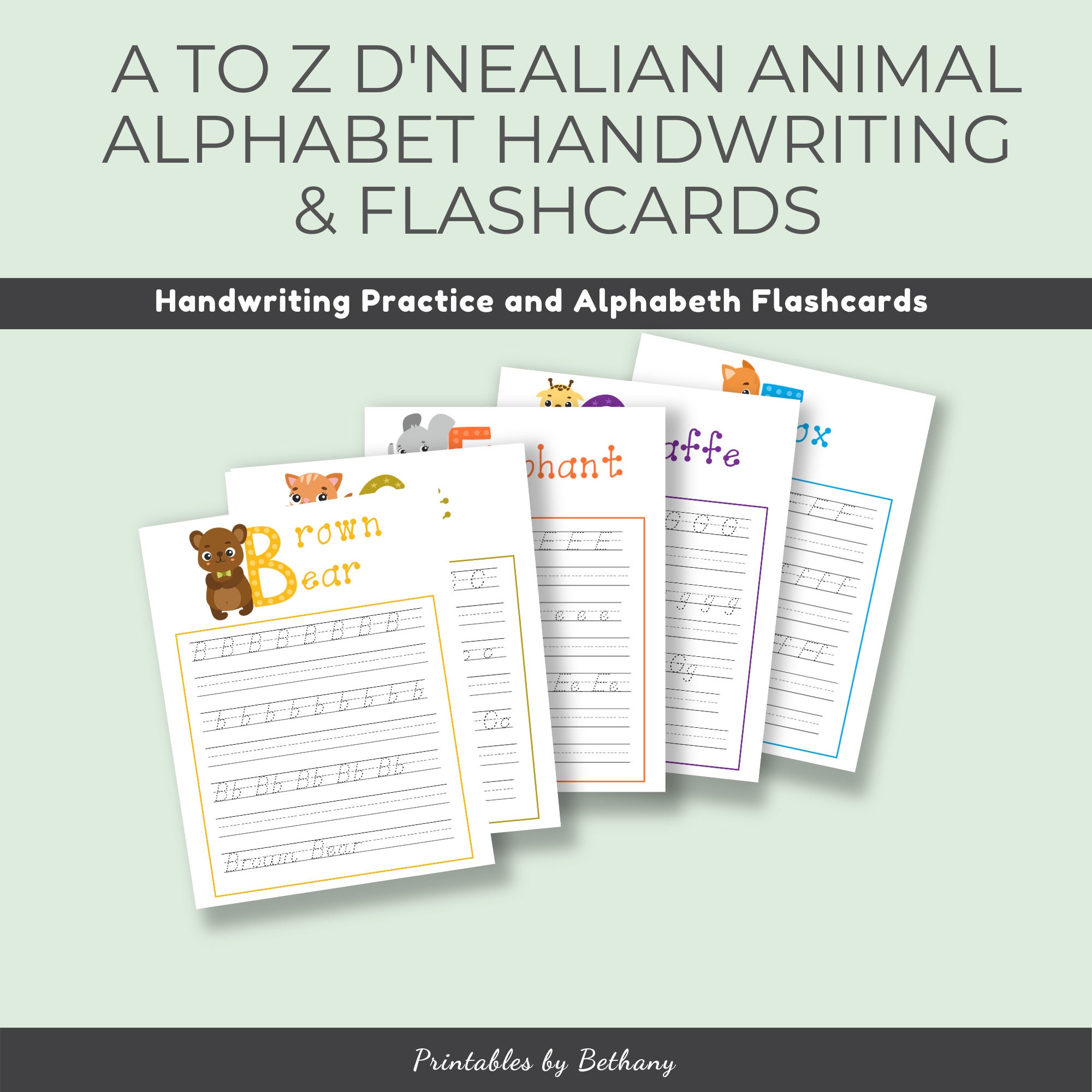 A to Z Animal D'nealian Handwriting Practice Pages and Flashcards - Etsy
