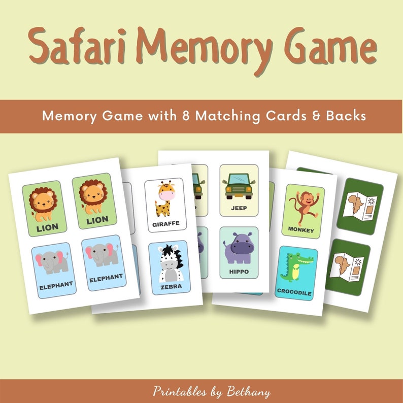 Safari Themed Printable Memory Matching Game for Kids | Instant ...