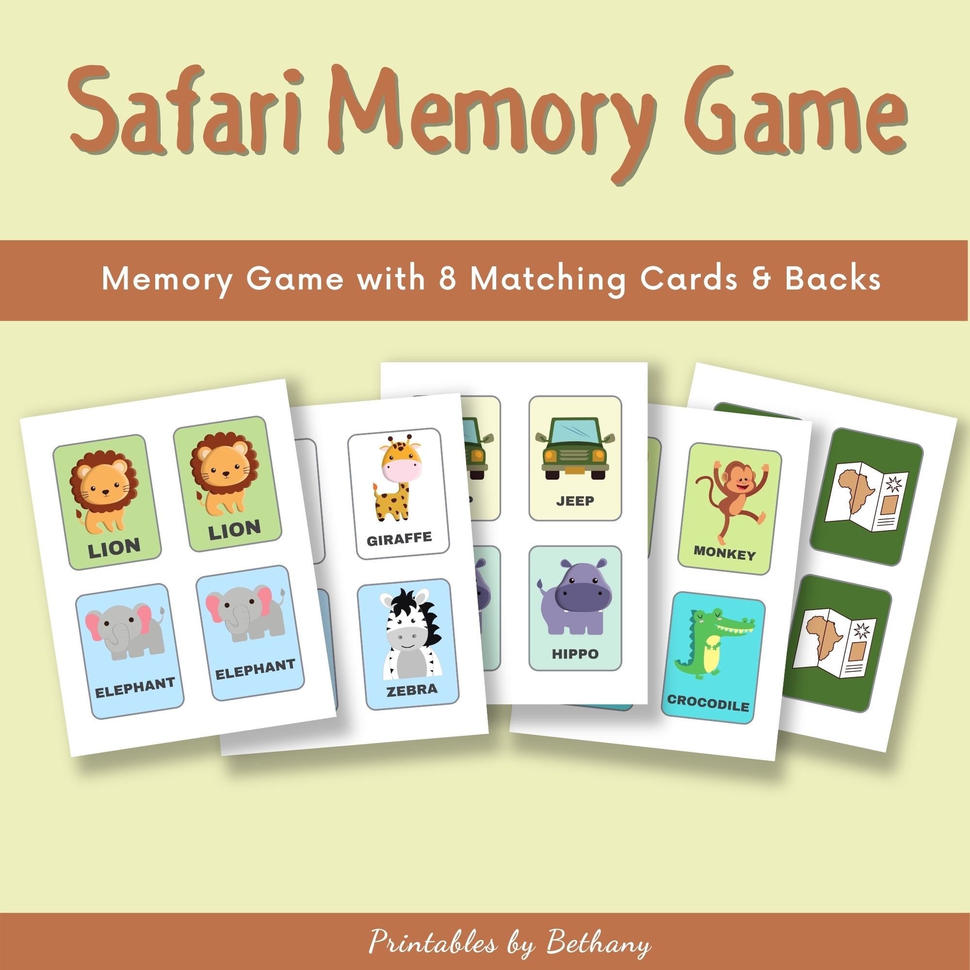 Safari Themed Printable Memory Matching Game for Kids | Instant ...